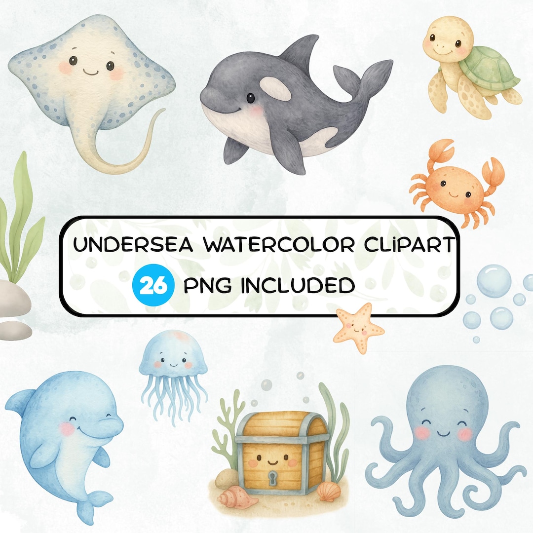 26 Under the Sea Watercolor Clipart, Cute Sea Animals Clipart, Kids ...