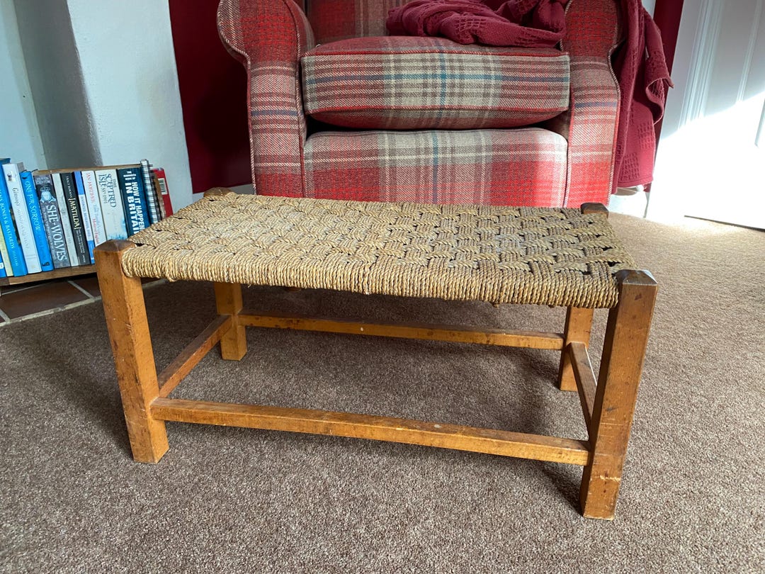 Vintage Foot Stool Seagrass With Woven String Seat Retro Wooden Stool ...