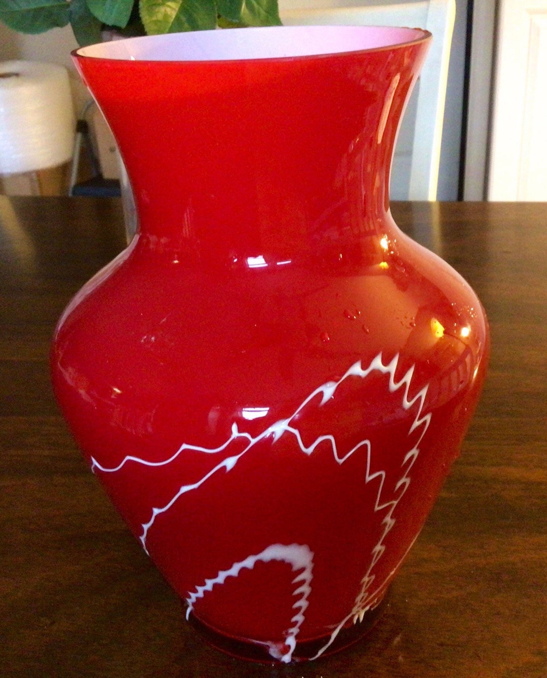 Vintage Hand Blown BX Glass Vase, Large Red and White Vase, Unique ...