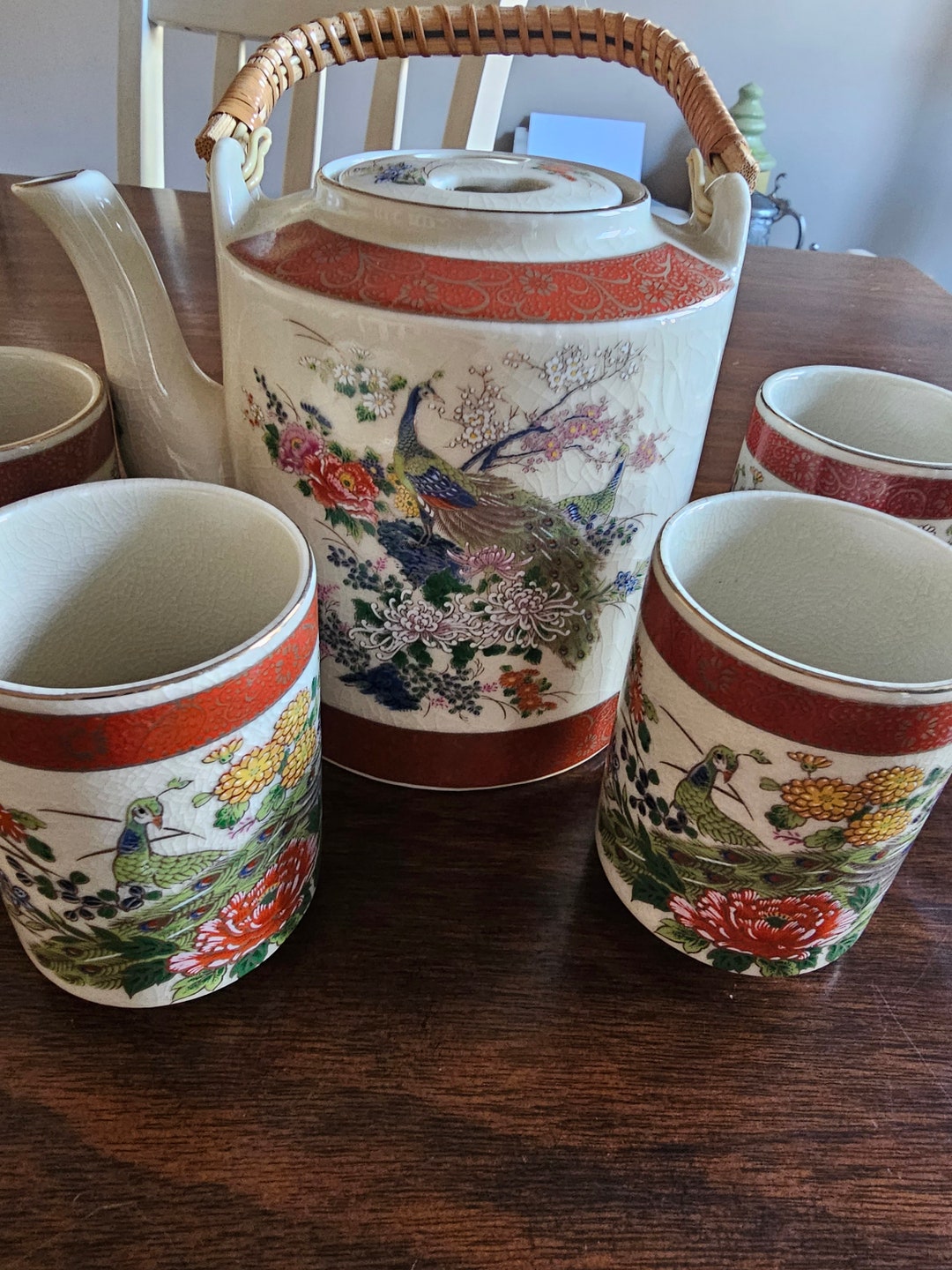 Vintage 79 Satsuma Tea Set With 4 Tea Cups, Floral With Peacock ...