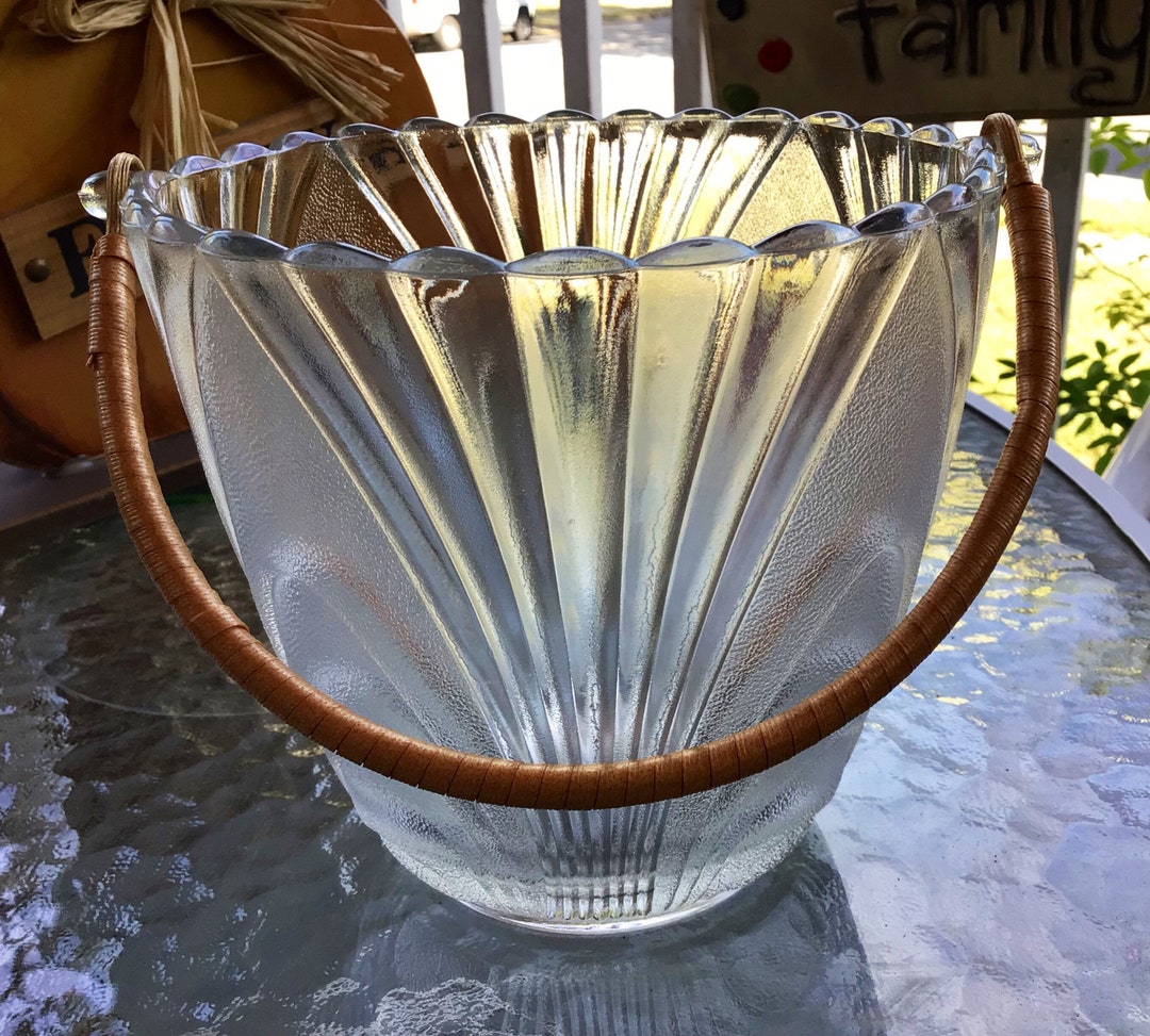 Crystal Glass Ice Bucket, Vintage Ribbed Glass Ice Bucket, Ice Bucket ...