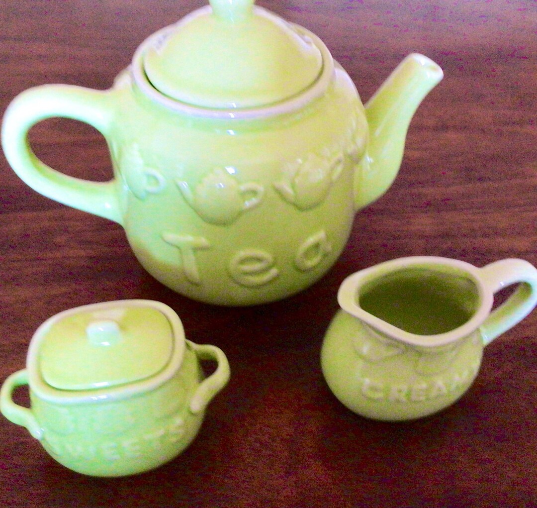 Vintage Cracker Barrel Engraved Teapot Set: Lime Green Tea, Sugar ...