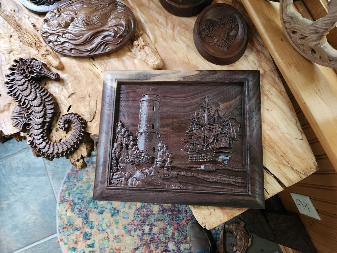 Ship and Lighthouse Carved in Black Walnut With Some Sapwood - Etsy