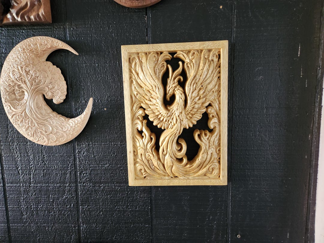 Framed Phoenix Wood Carving in Limba – 3D Effect Integrated Frame - Etsy