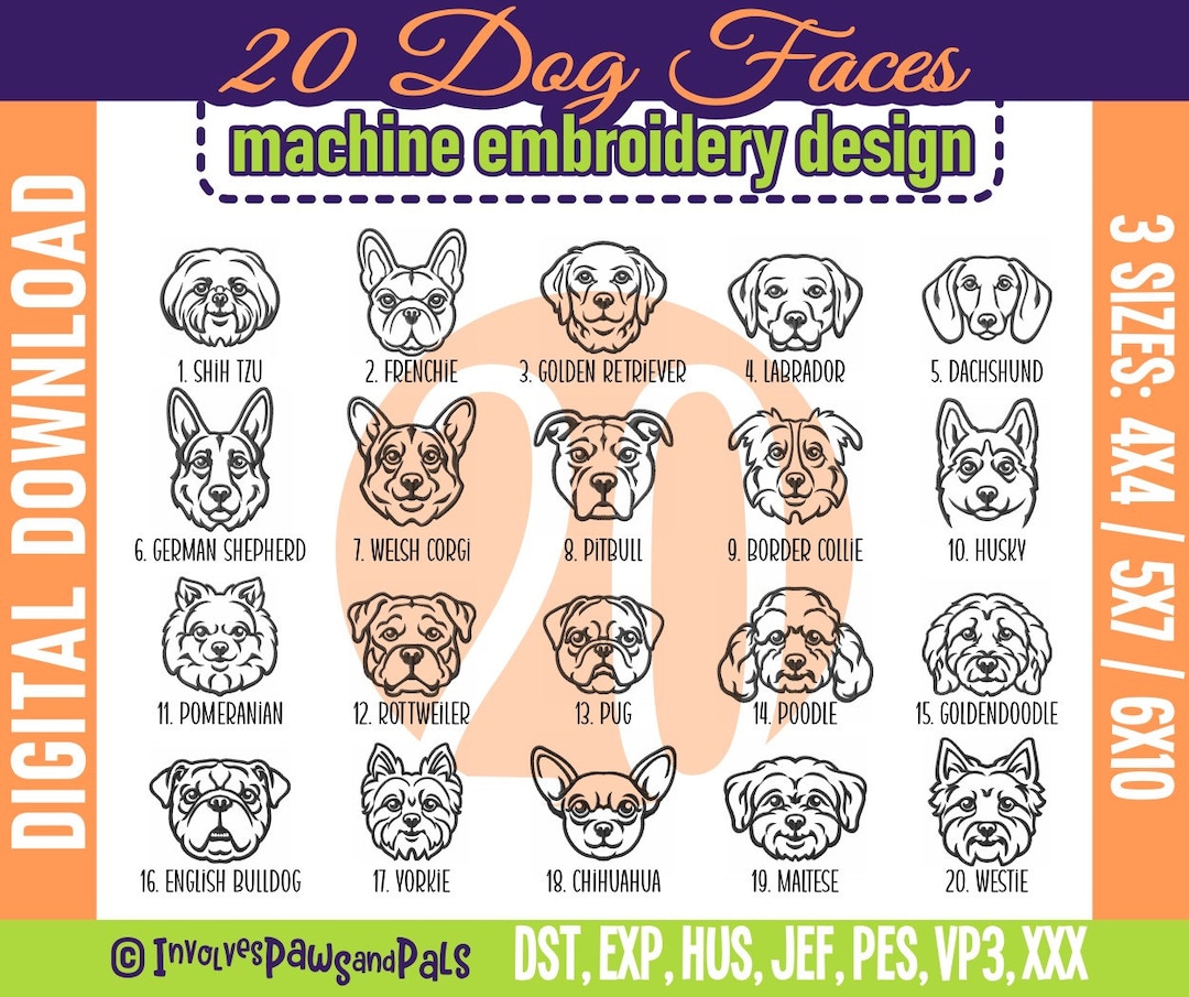 Dog Face Machine Embroidery Bundle | Digital Stitch Files | Includes ...