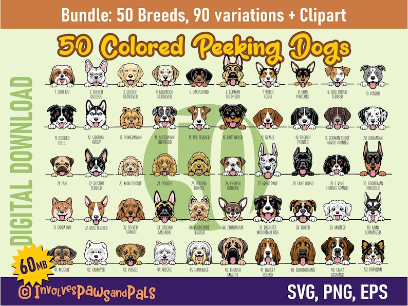Peeking Dog SVG Bundle in Color - 50 Dog Breeds, 96 Portraits ...