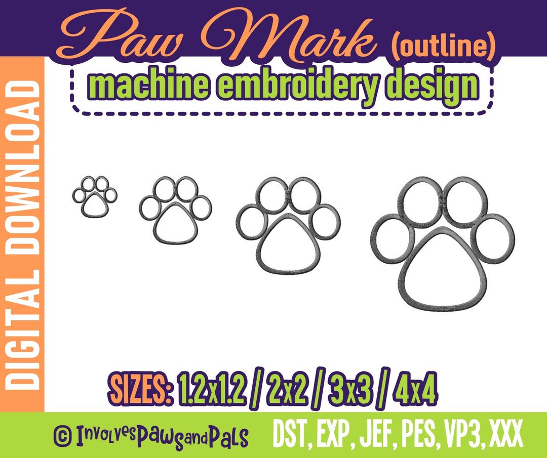 Outline Paw Print Embroidery Design - 4 Sizes | Silhouette Paw Mark ...