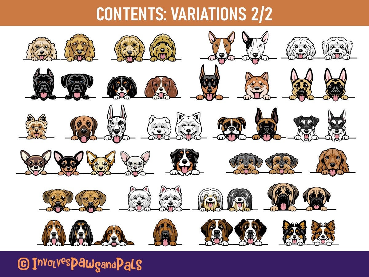 Peeking Dog SVG Bundle in Color - 50 Dog Breeds, 96 Portraits ...