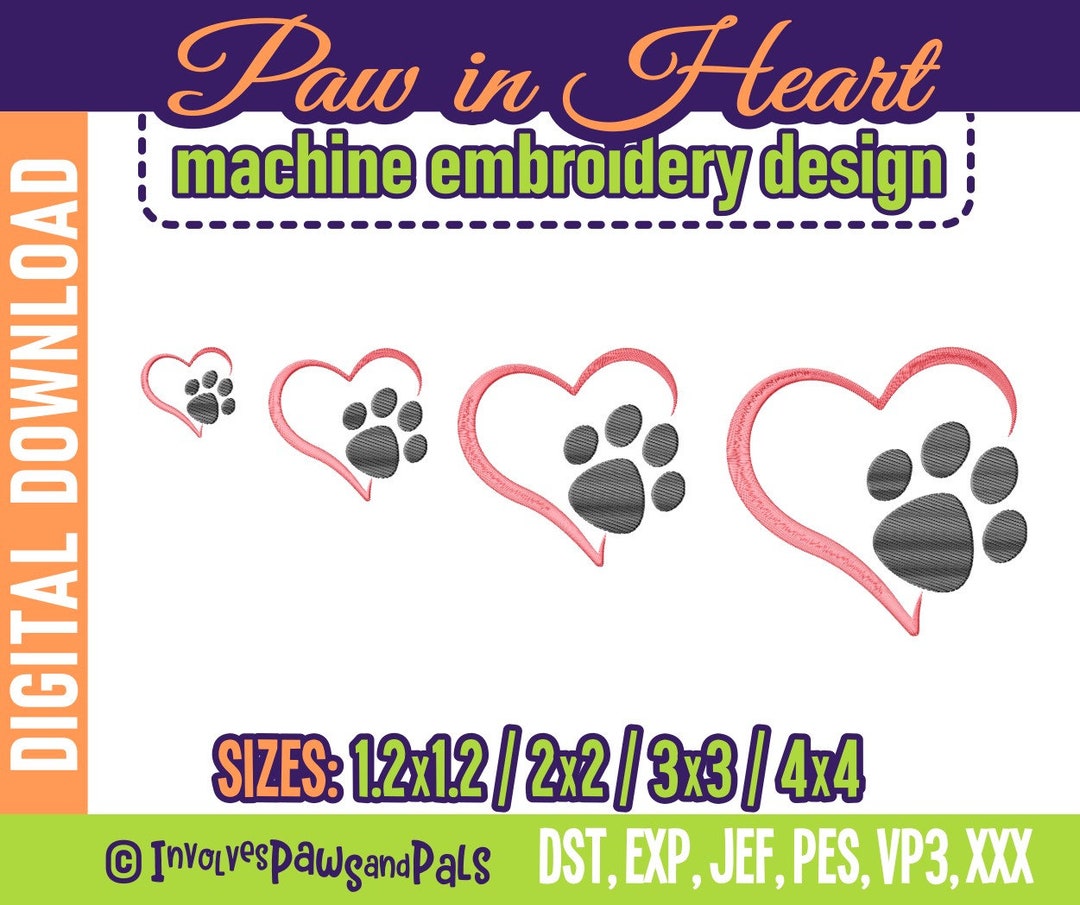 Heart and Paw Embroidery Design - 4 Sizes | Heart and Paw Machine ...