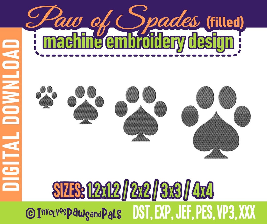 Filled Paw of Spades Embroidery Design - 4 Sizes | Paw Mark Machine ...