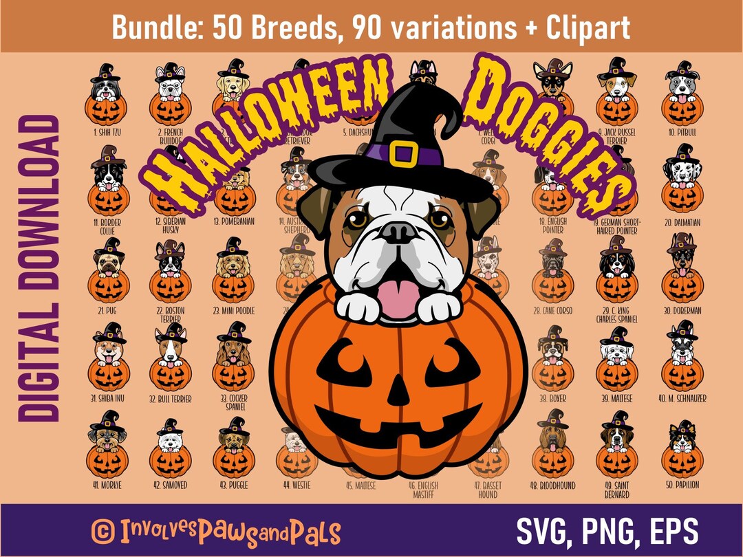Halloween Dog Clipart | Peeking Dog SVG Bundle in Color - 50 Dog Breeds ...