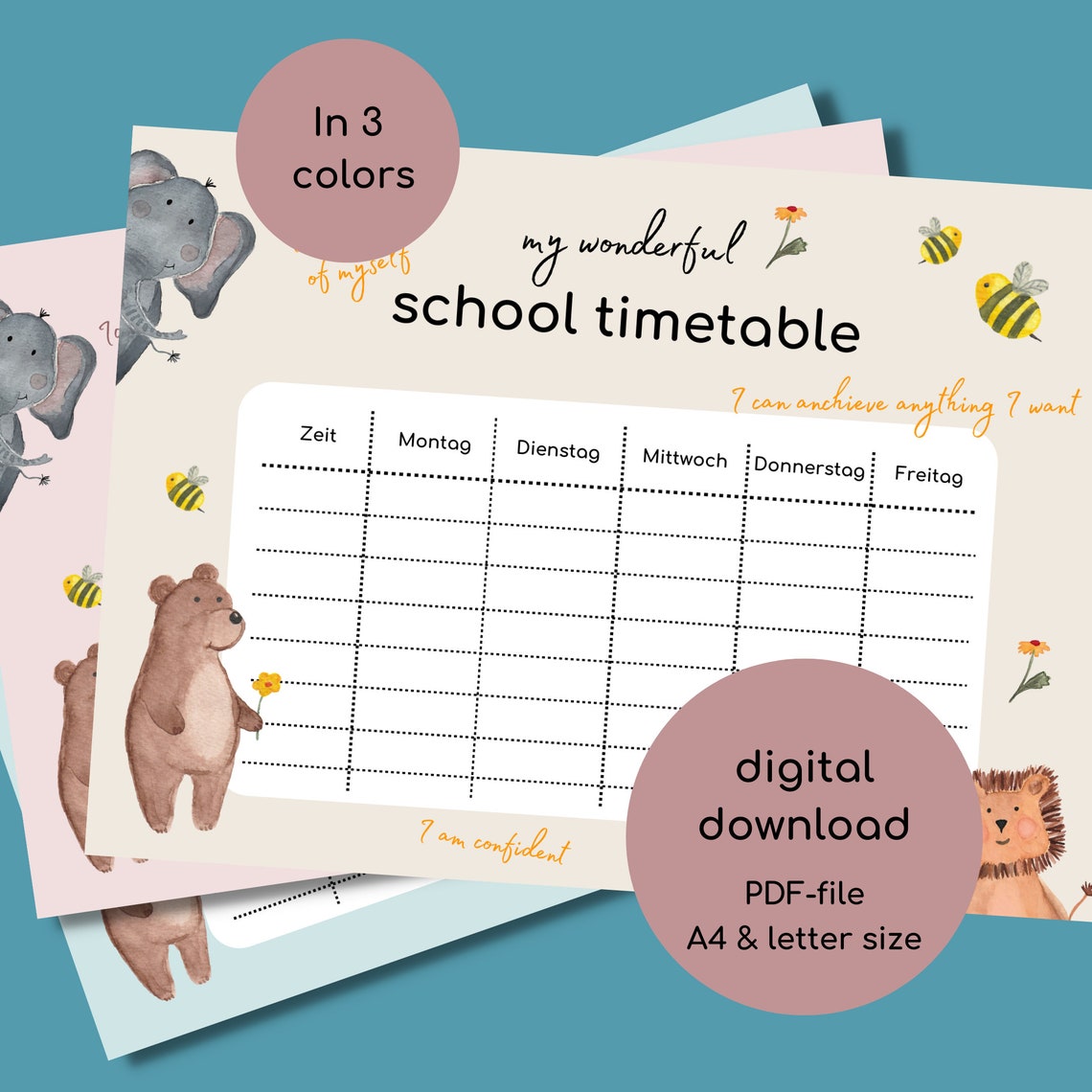 School Timetable in 3 Colors Printable Timetable Instant Download A4 ...