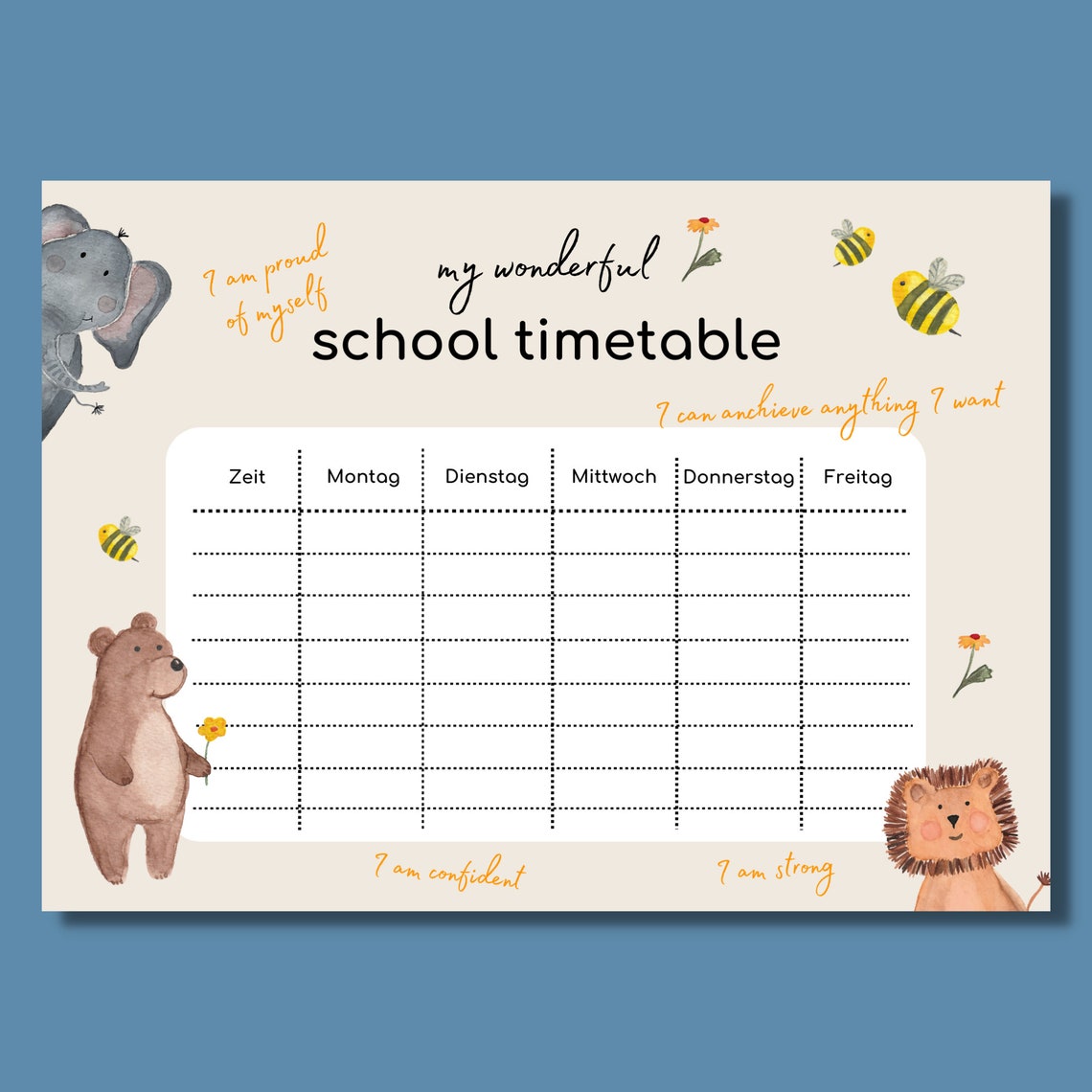 School Timetable in 3 Colors Printable Timetable Instant Download A4 ...