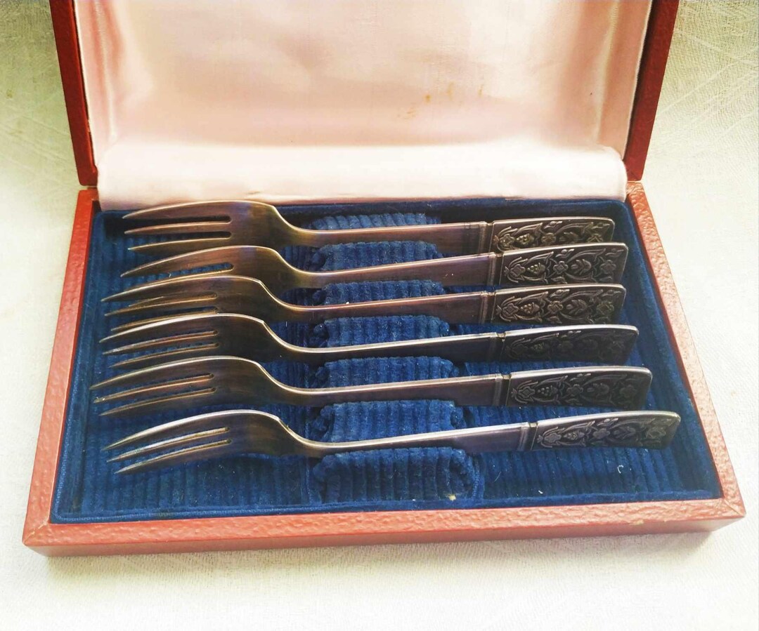 6 Vintage Cake Forks, Melchior Metal, Classic Estonian Tableware in Box ...