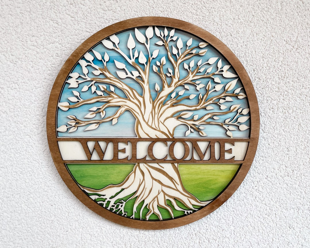Handmade Family Tree Welcome Sign - Painted Plywood Door Decor - Etsy