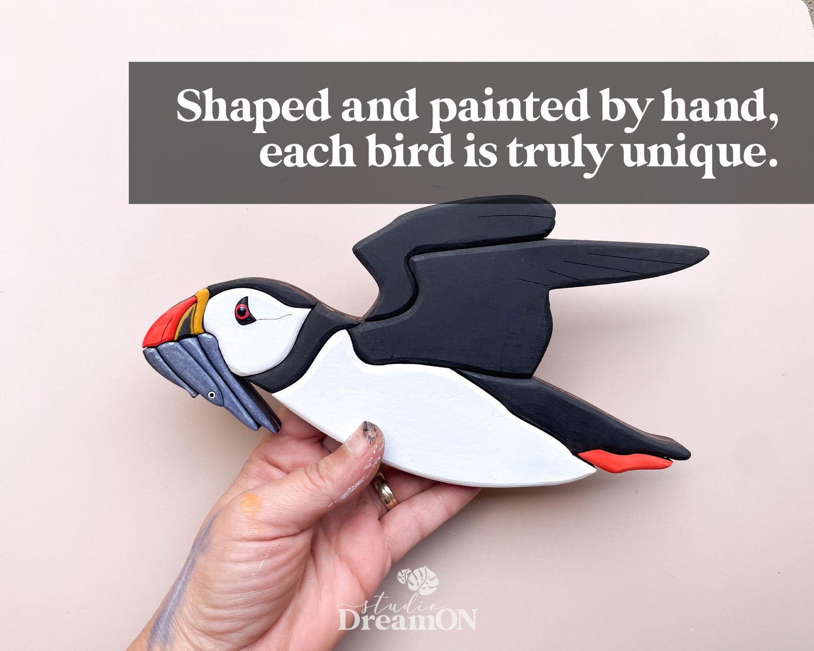 Flying Puffins Wooden Wall Hanging - Coastal Birds in Flight - Nautical ...