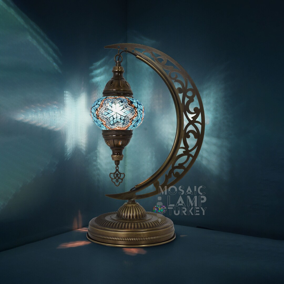 Sea Blue Turkish Mosaic Moon Shape Table Lamp, Crescent Moroccan Light ...
