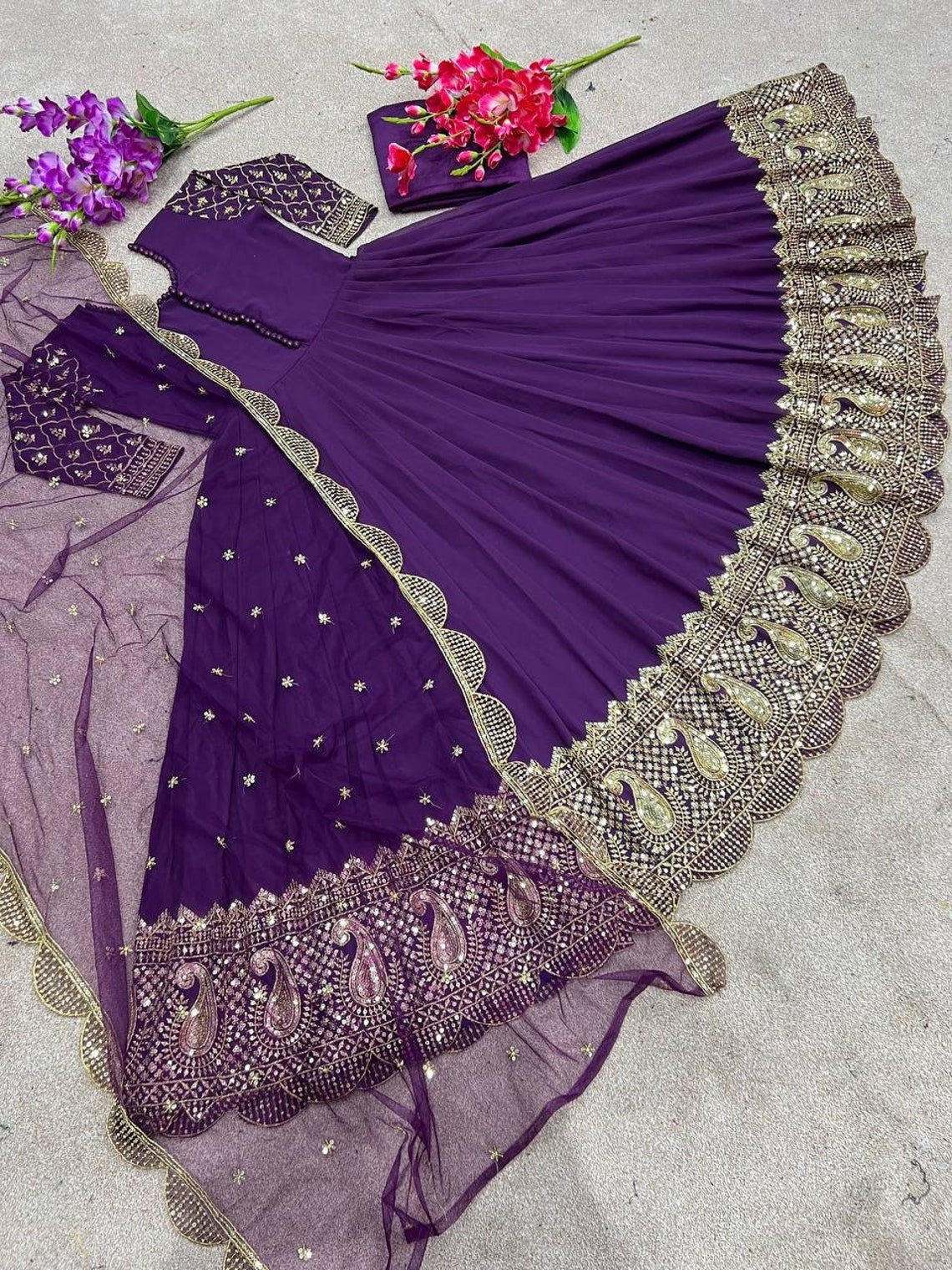 Charming Purple Designer Gown With Net Dupatta Georgette With - Etsy