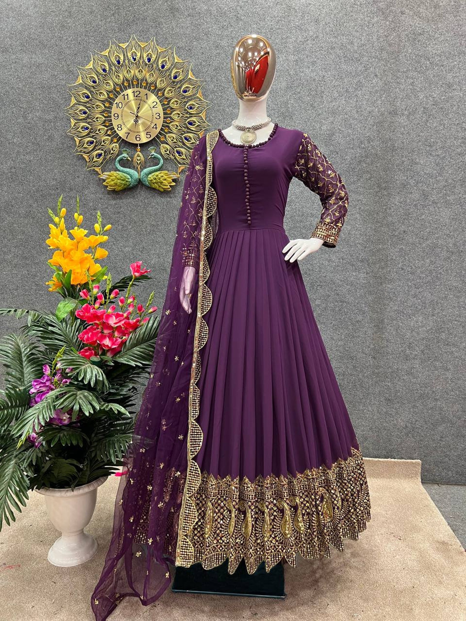 Charming Purple Designer Gown With Net Dupatta Georgette With - Etsy