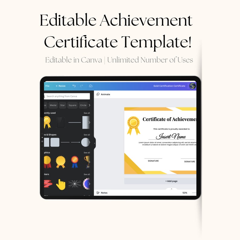 Certificate of Achievement Template, Editable Certificate of Completion ...