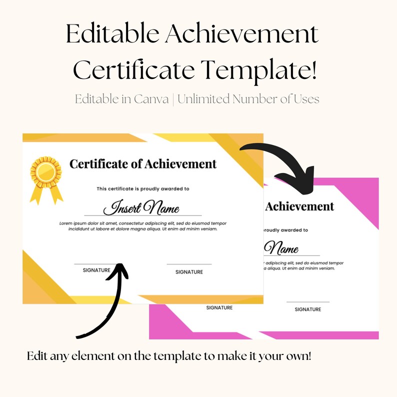 Certificate of Achievement Template, Editable Certificate of Completion ...