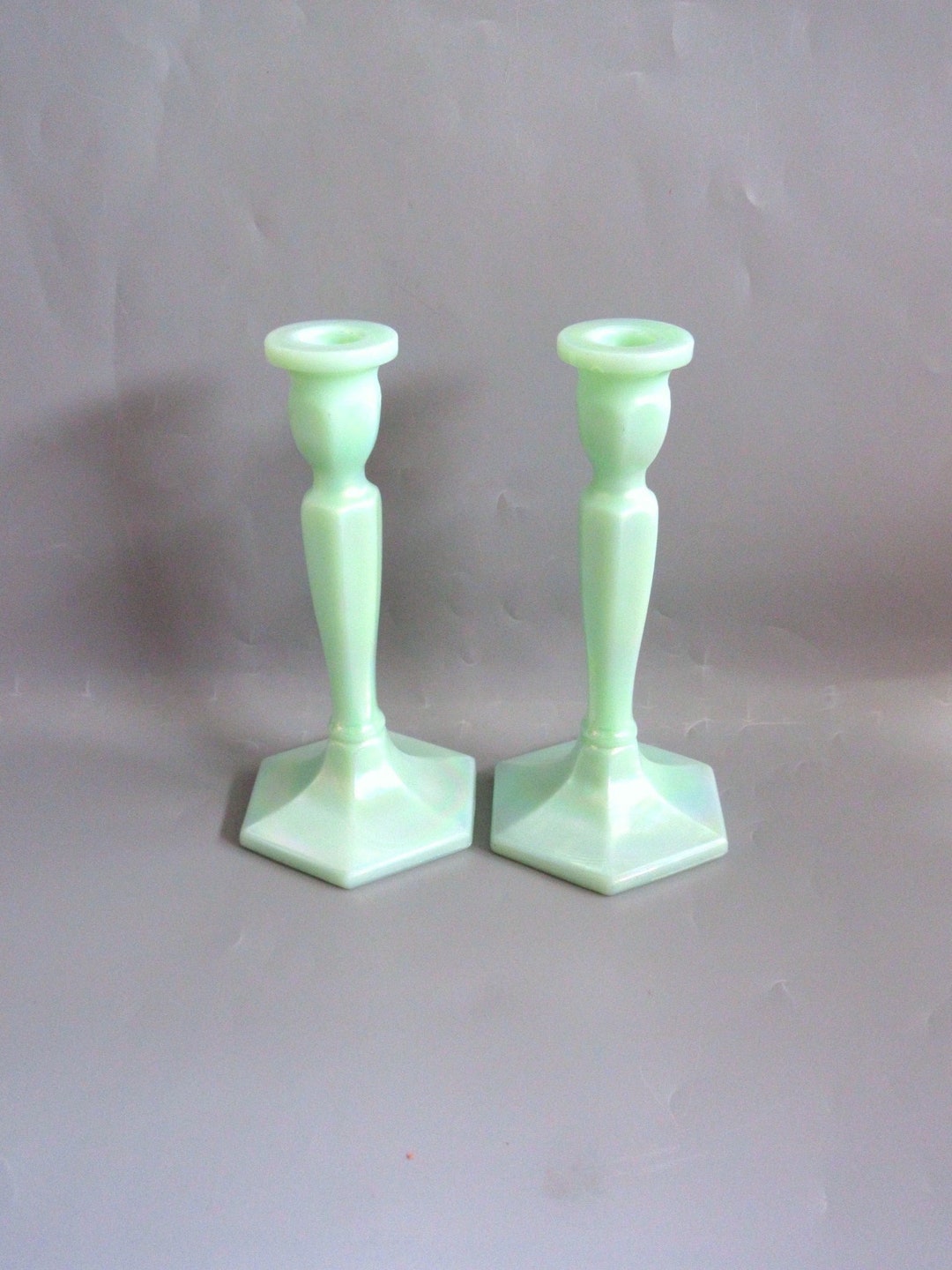 VTG Fenton Glass Sea Green Satin Jadeite 8 1/2 Iridized Candlesticks ...