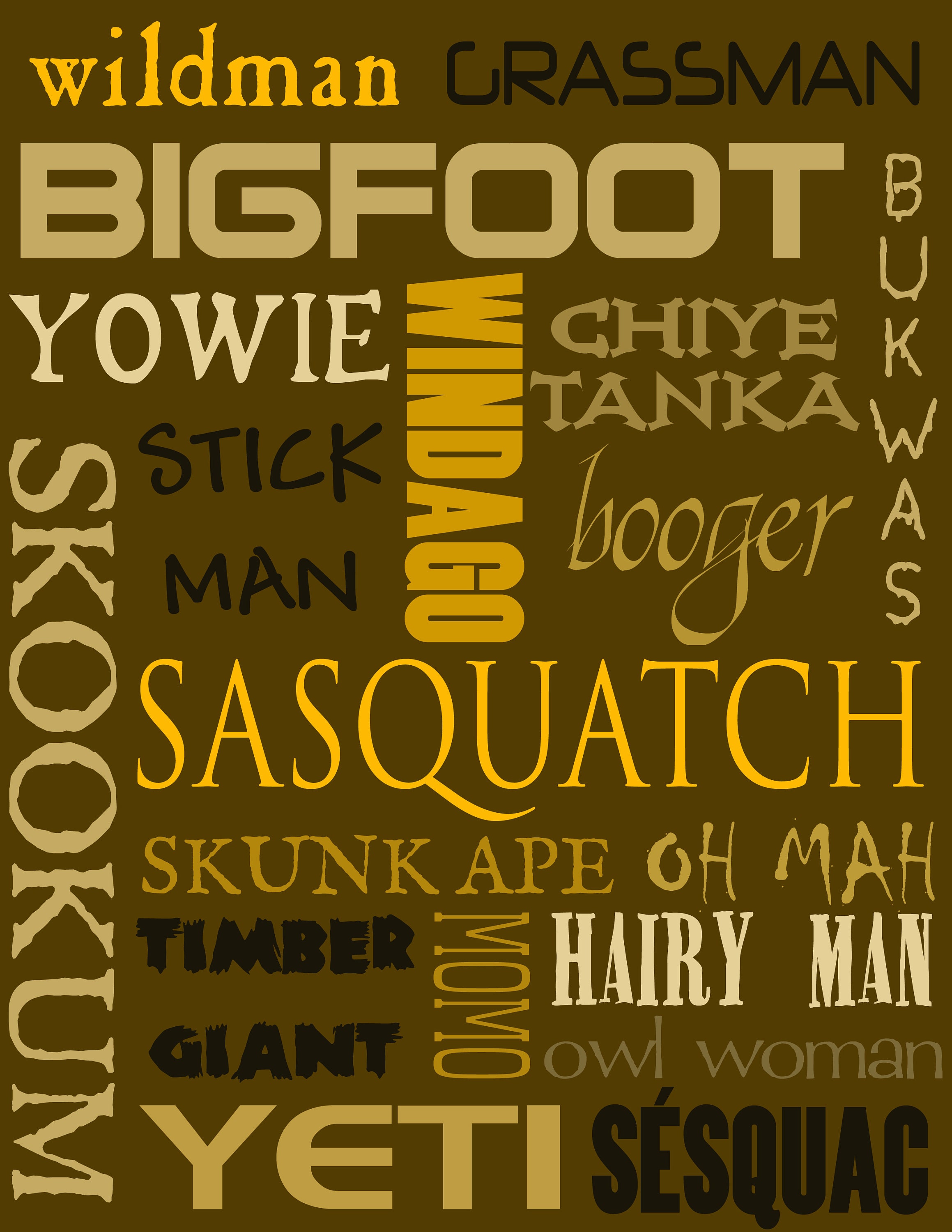 Sasquatch, Bigfoot, Printable Jpg Subway Art of the Many Different ...