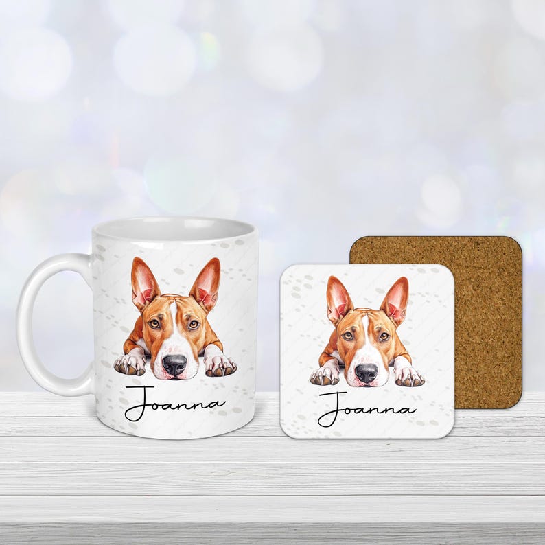 Personalised Red and White Bull Terrier Dog Mug, Mug & Coaster Set, Dog ...