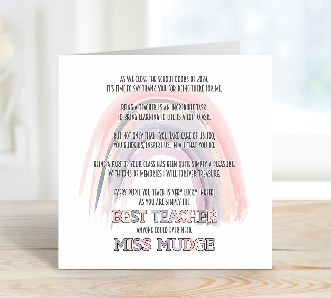 Personalised Teacher Thank You Card, Teacher Rainbow Poem Print ...