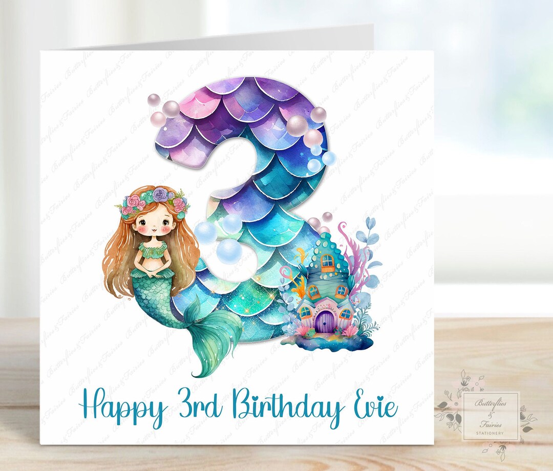 Personalised Mermaid Birthday Card, 3rd Birthday Card, Personalised Age ...