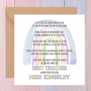 Personalised Teacher Thank You Card, Teacher Rainbow Poem Print ...