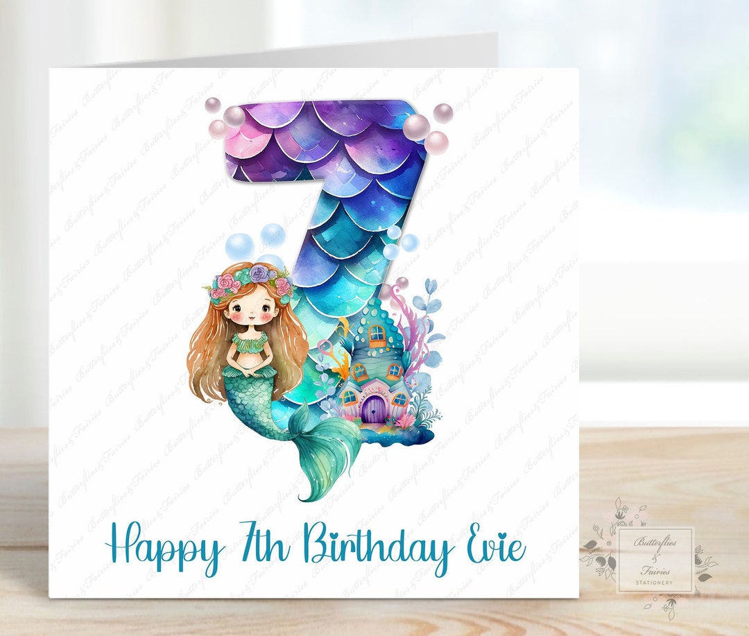 Personalised Mermaid Birthday Card, 7th Birthday Card, Personalised Age ...