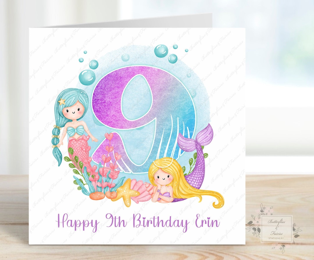 Personalised Mermaid Birthday Card, 9th Birthday Card, Personalised Age ...