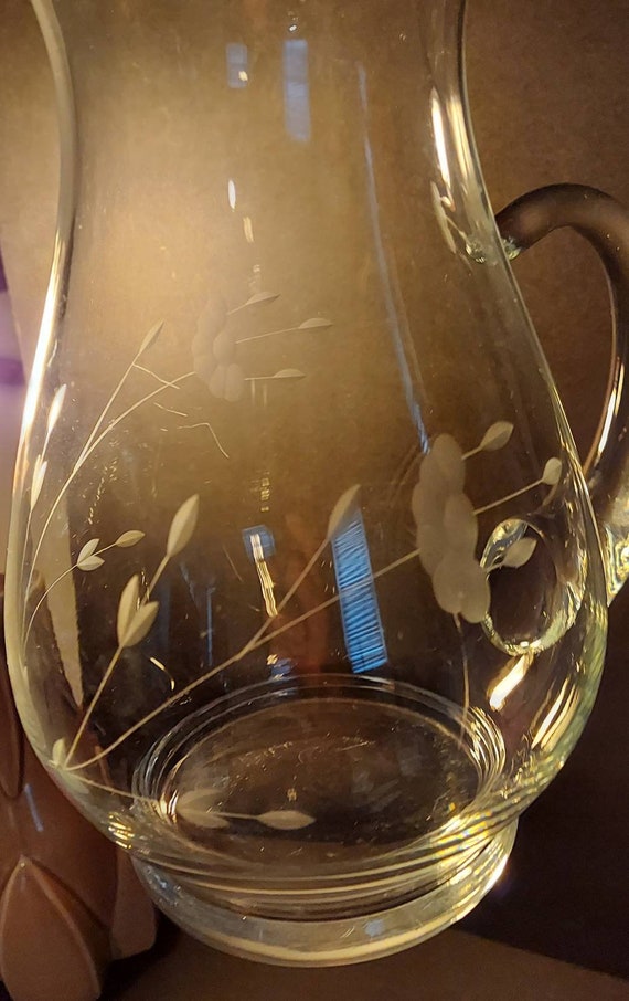 Vintage Etched Floral Glass Pitcher | Etsy