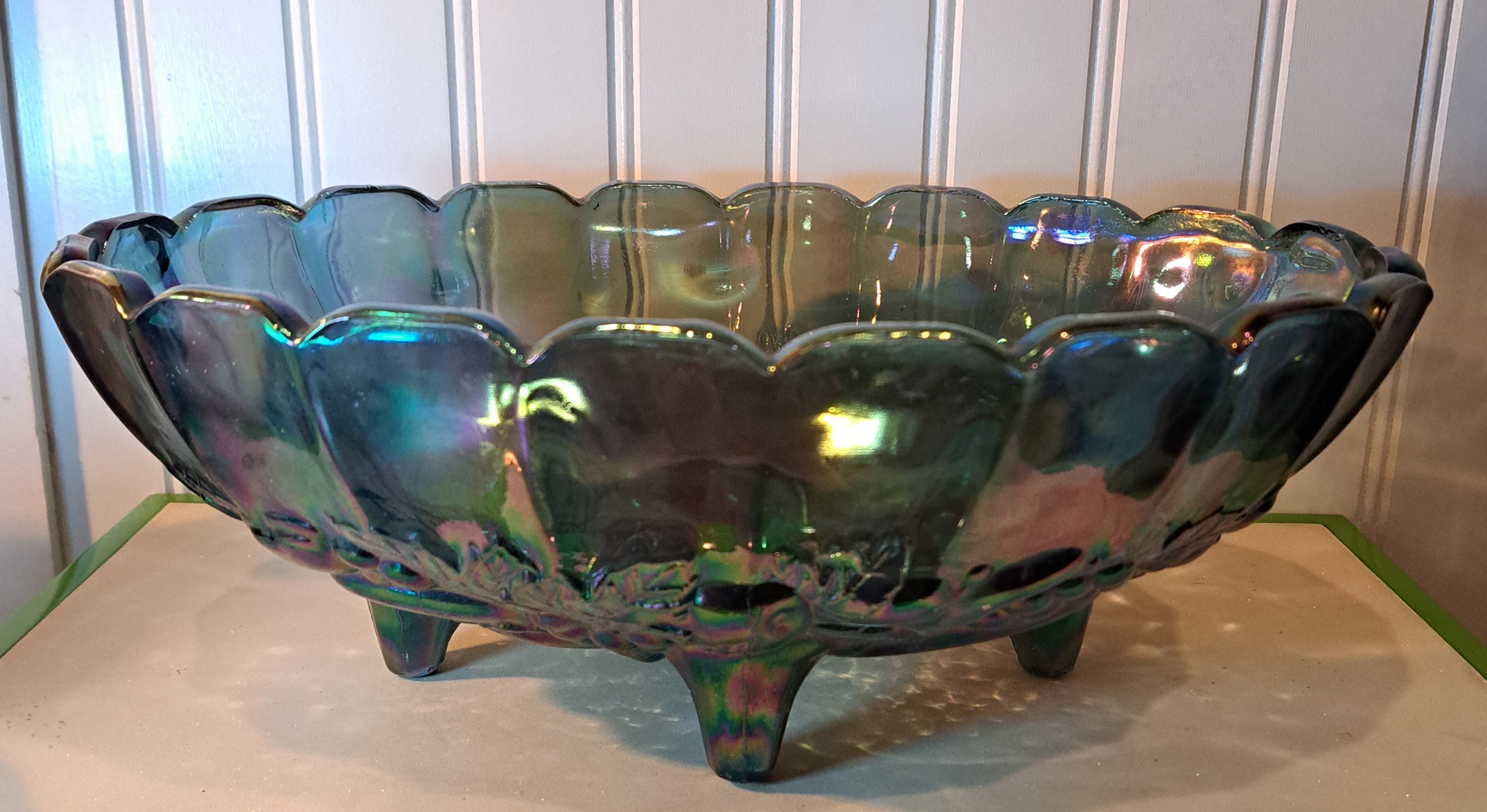 Indiana Glass Carnival Glass Embossed Fruit Footed Bowl - Etsy