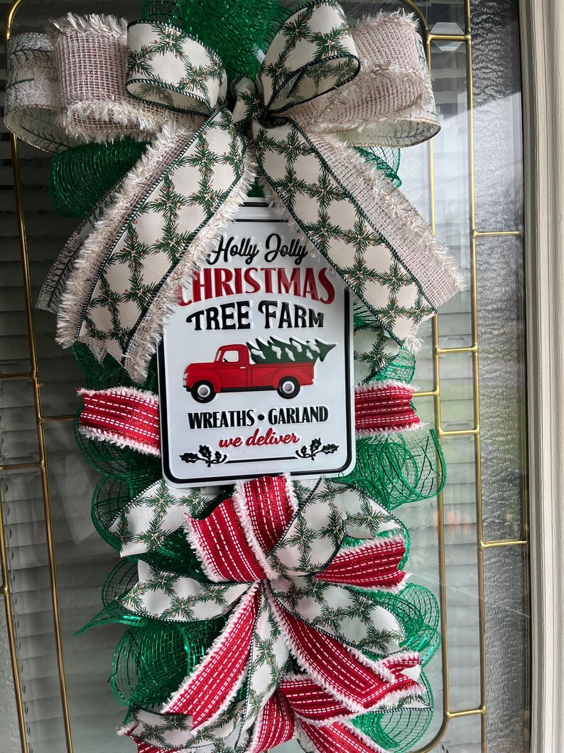 Christmas Tree Farm Mesh Swag | Red Truck Holiday Door Garland - Etsy