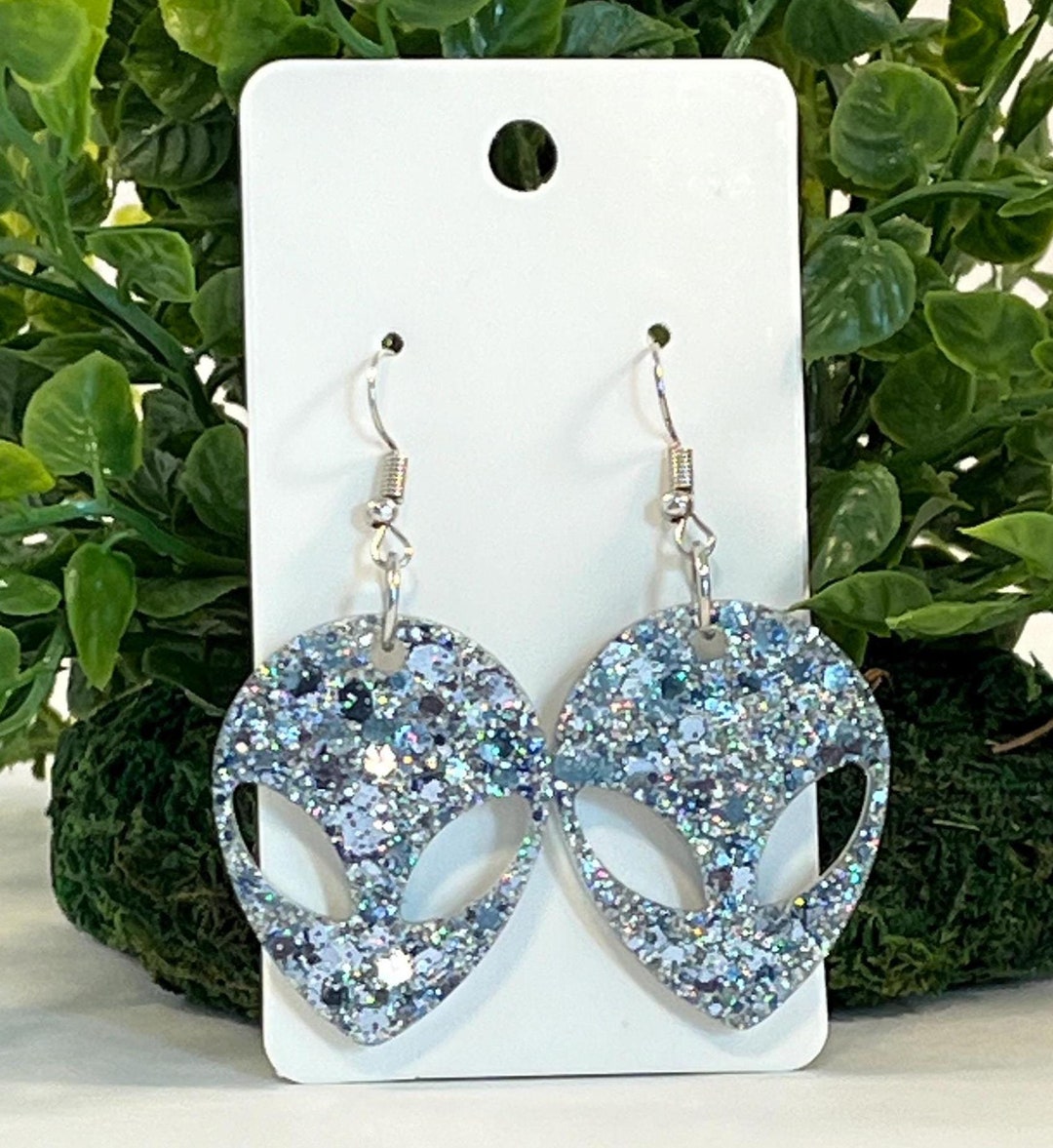 Alien Head Resin Earrings Holographic Silver Alien Head Hypoallergenic ...