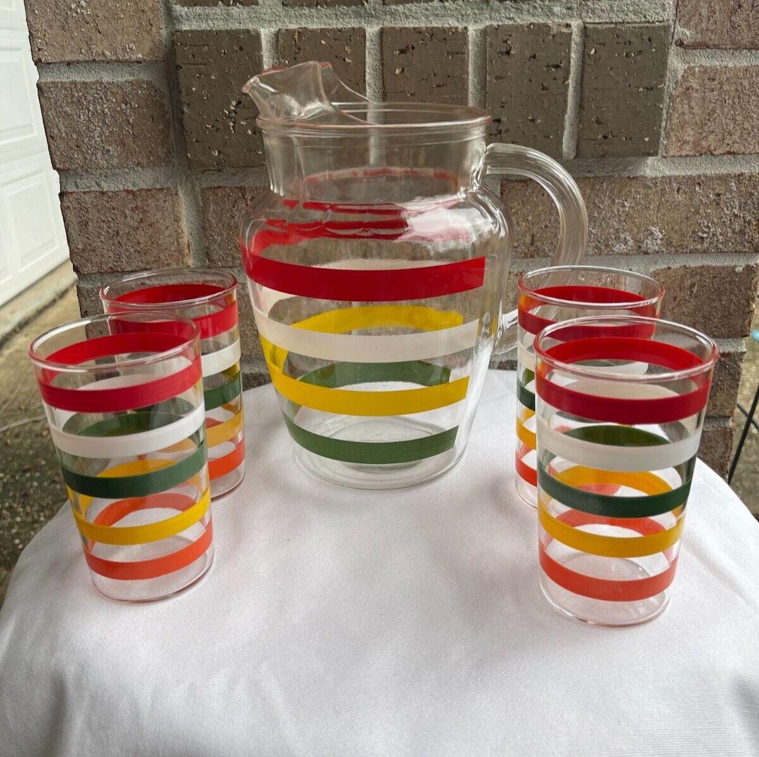 1950's Fiesta Band Anchor Hocking "rainbow Stripe" Pitcher With 4 ...