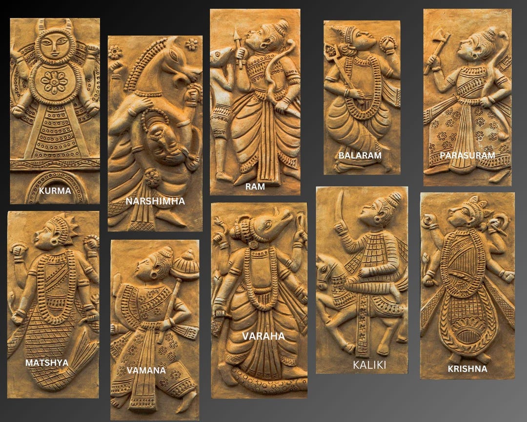 Vishnu Dashavatar Wall Art- Handmade - Hindu God Statues - Terracotta Tiles - Hindu Mythology ...