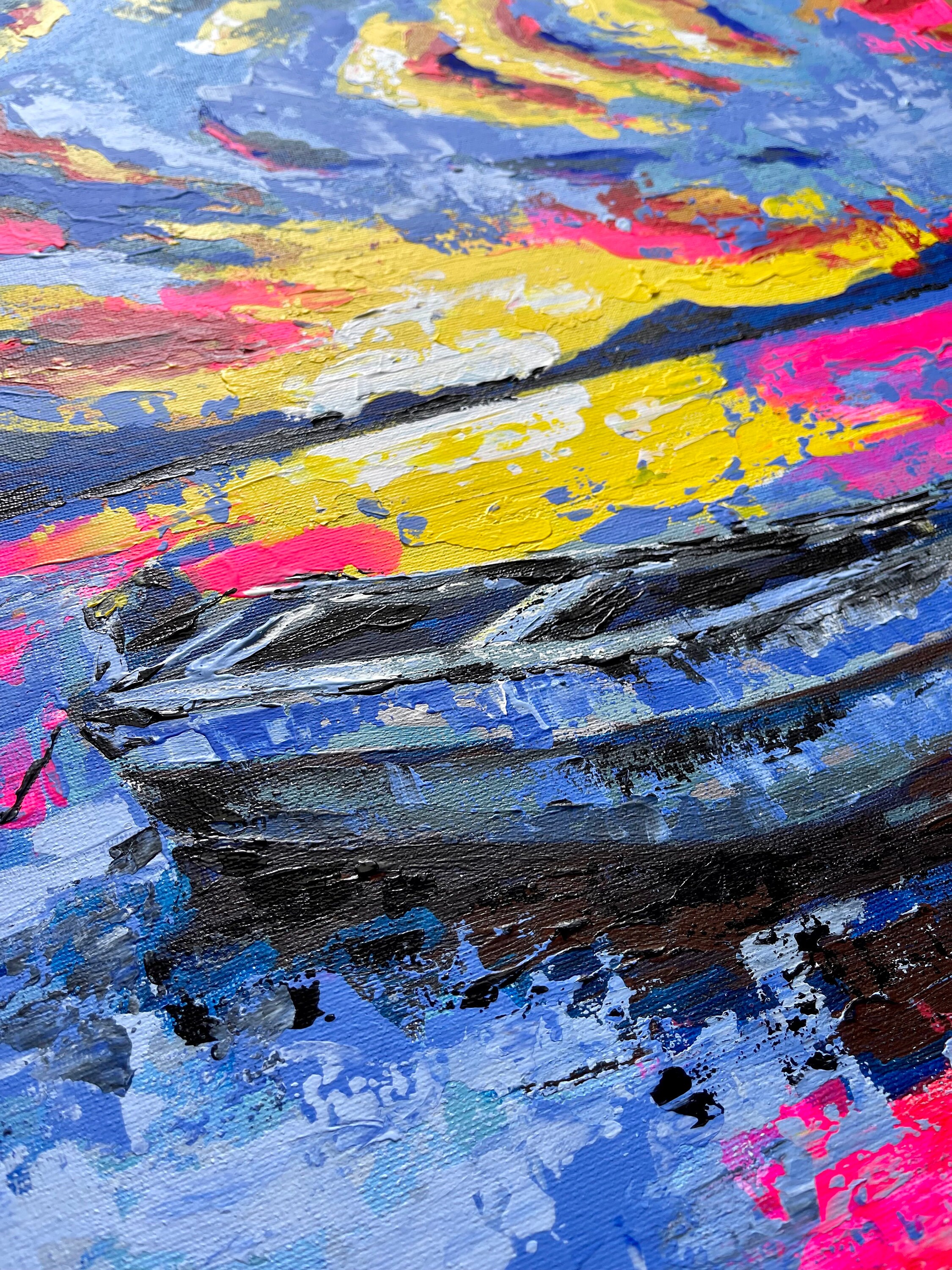 Pink Ocean Sunset Boat Original Acrylic Landscape Painting on Canvas 16 ...