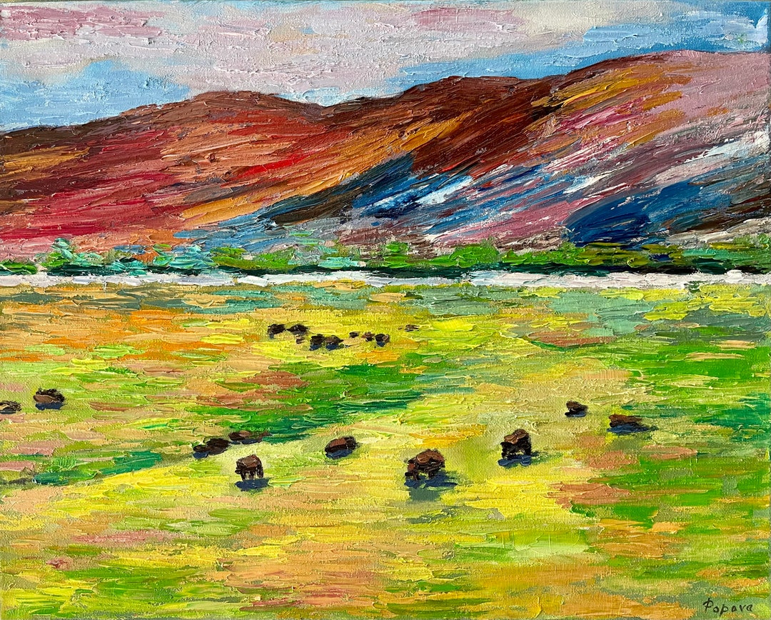 Yellowstone Landscape Original Painting Bison Field Original Impasto ...