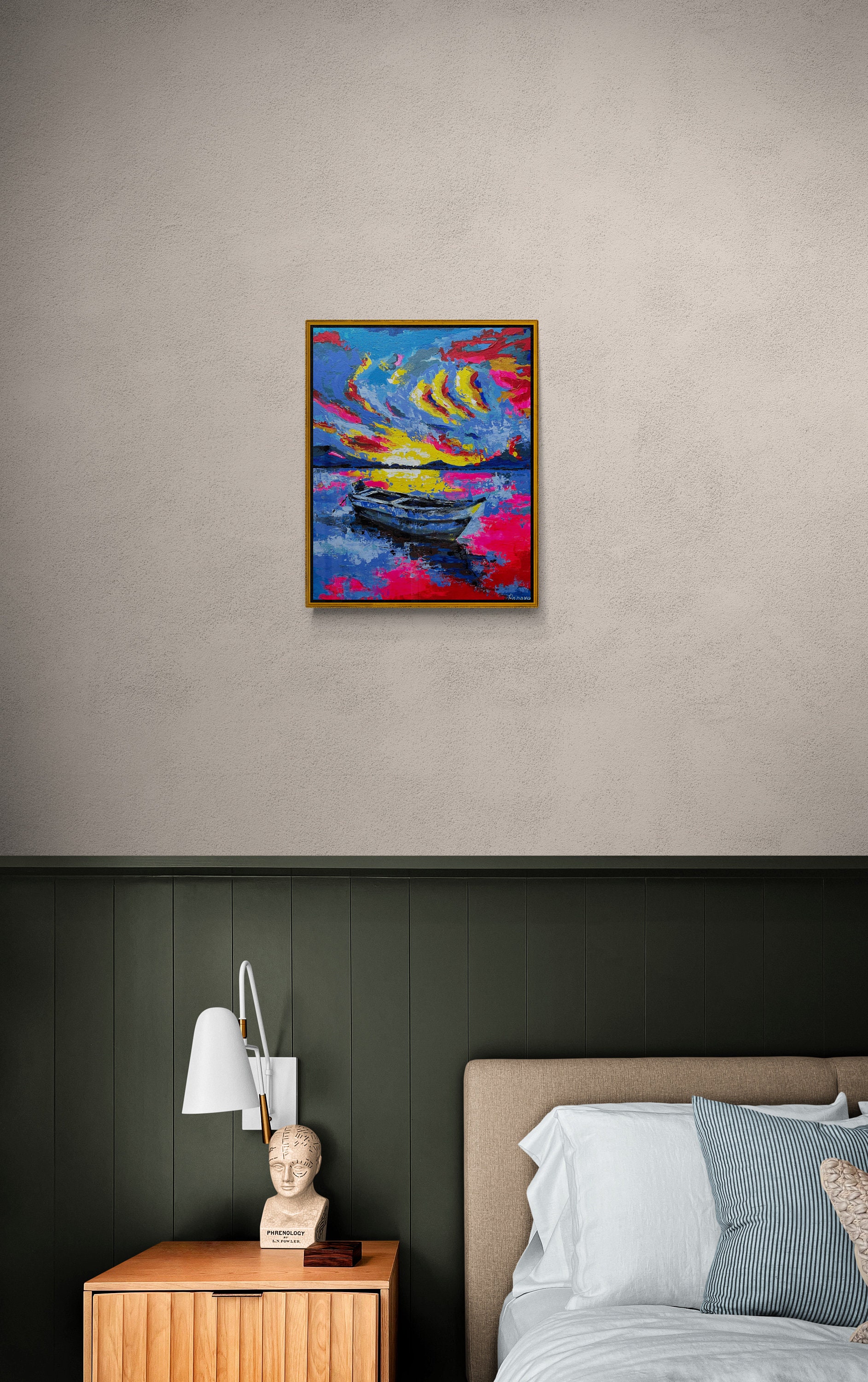 Pink Ocean Sunset Boat Original Acrylic Landscape Painting on Canvas 16 ...