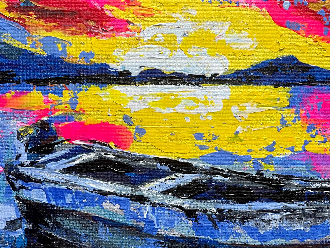 Pink Ocean Sunset Boat Original Acrylic Landscape Painting on Canvas 16 ...