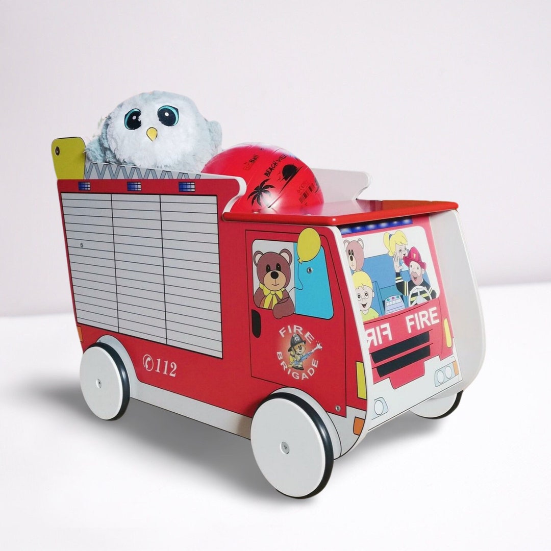 Personalized Toddler Walker Fire Truck, Toy Box With Wheels, Wooden ...