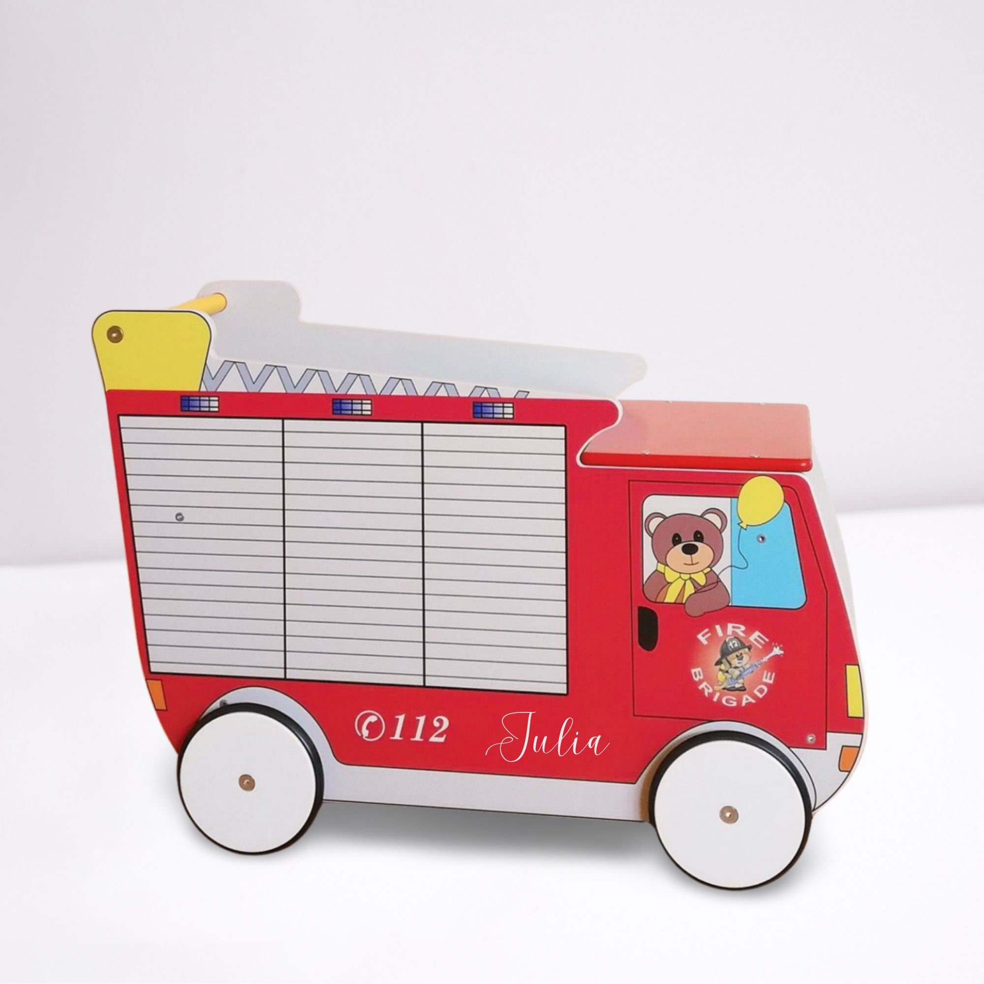 Personalized Toddler Walker Fire Truck, Toy Box With Wheels, Wooden ...