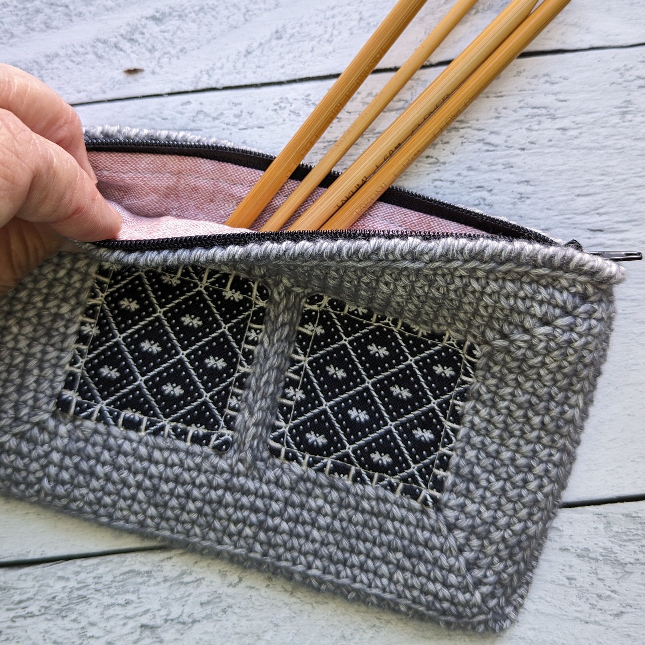 6 1/2 Inch by 4 1/2 Inch Handmade Sewn and Crocheted Notions Pouch With ...