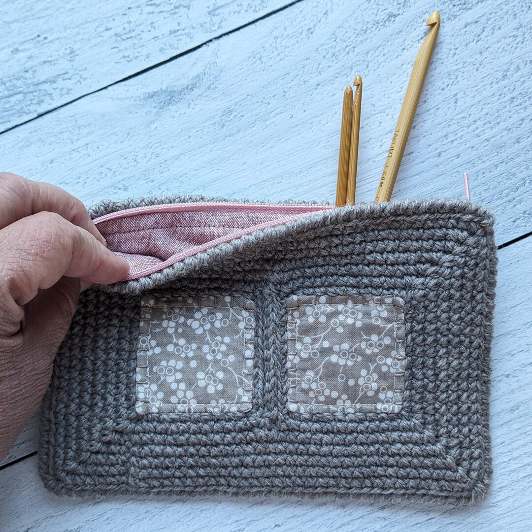 7 Inch by 5 Inch Handmade Sewn and Crocheted Notions Pouch With Ivory ...