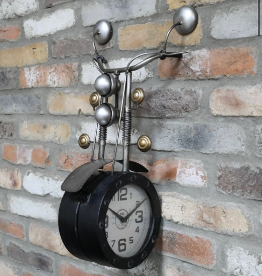 Large Wall Clock Silver Motorbike Motorcycle Clock Dual Face - Etsy