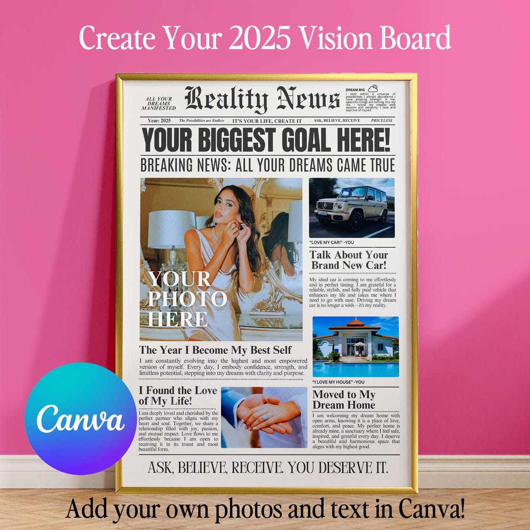 Personalized Newspaper Vision Board: Printable Manifestation Art (canva ...