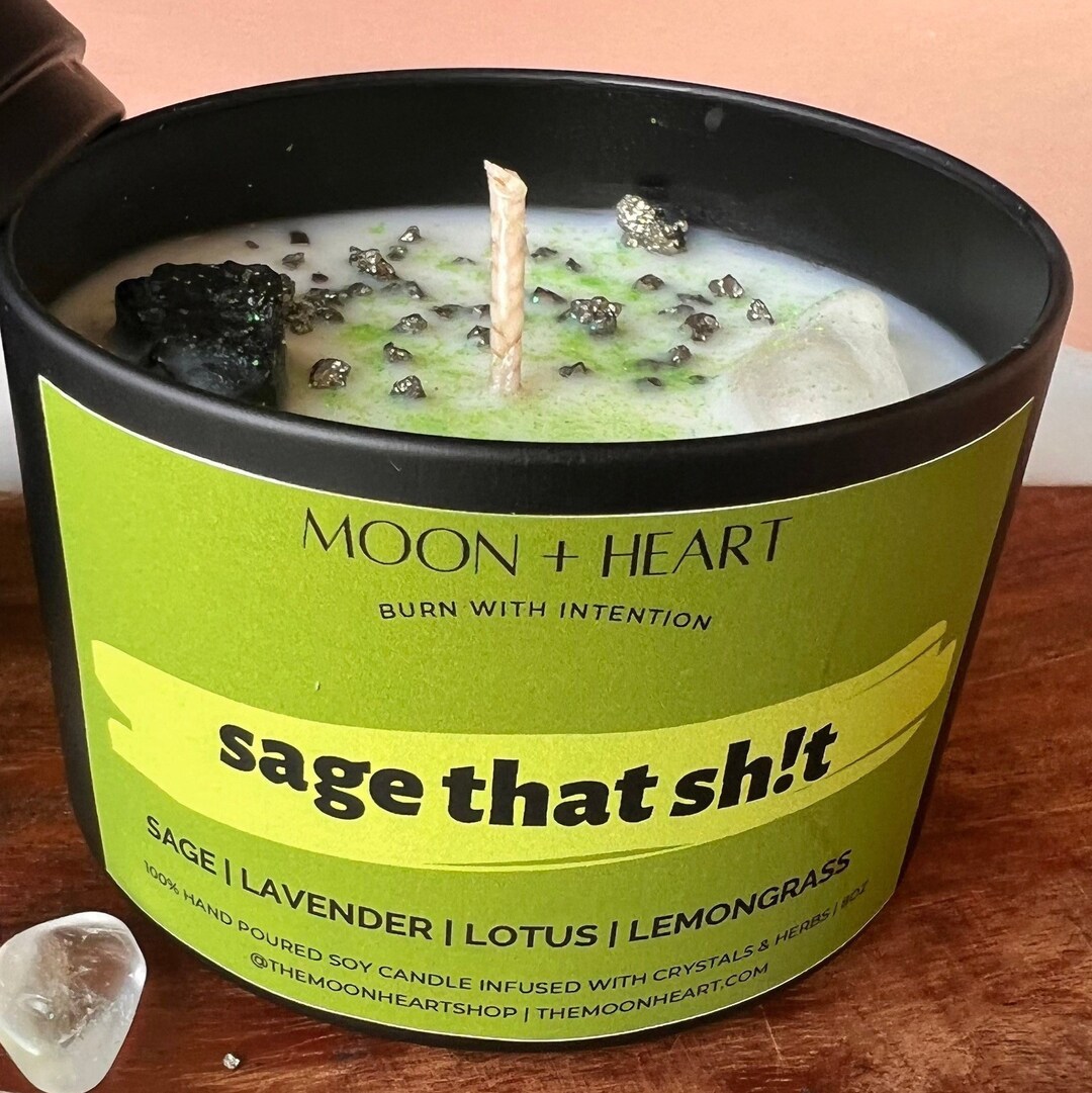 Sage Intention Candle With Crystals: Black Tourmaline, Clear Quartz ...